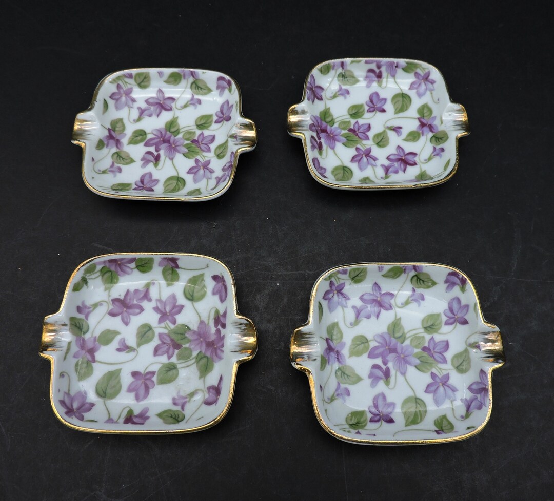 Set of 4 Small Porcelain Ashtrays/tea Bag Holders With Violet Design ...