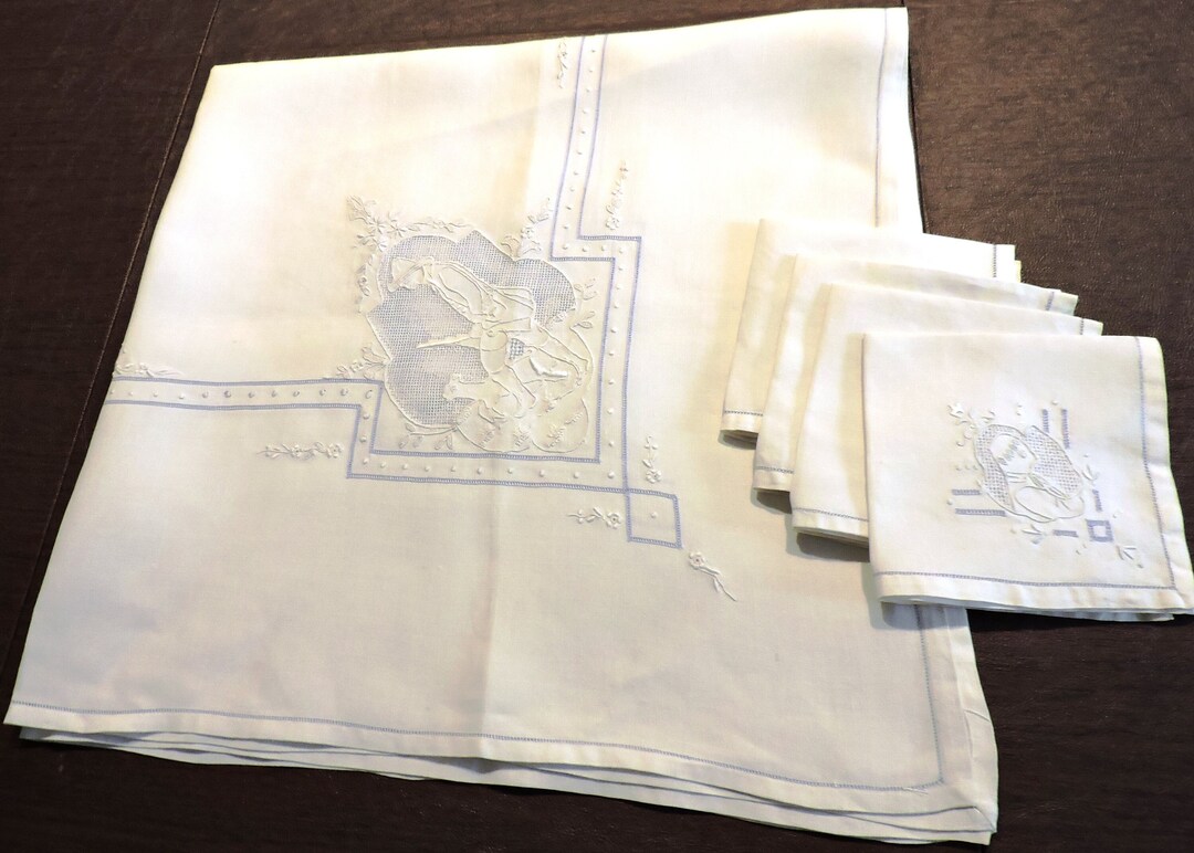RARE Antique Swiss Appenzell and Filet Lace Tea Cloth Linen 34X33 Tea ...
