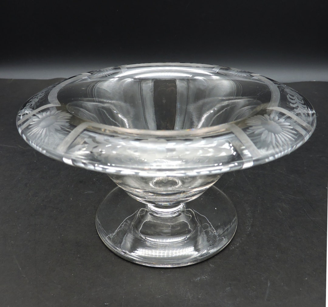 Vintage Wheel Cut Glass Footed Compote/mayonnaise Server With Floral ...