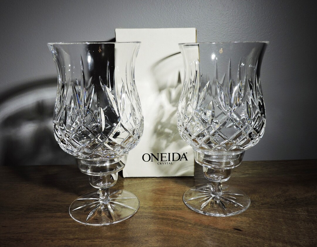 Set of 2-oneida "kenwood" Crystal Footed Hurricane Lamp and Globe 8.5"h ...