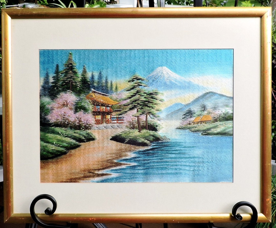 Vintage Asian Silk Thread Art Framed and Matted Under Anti-reflective ...