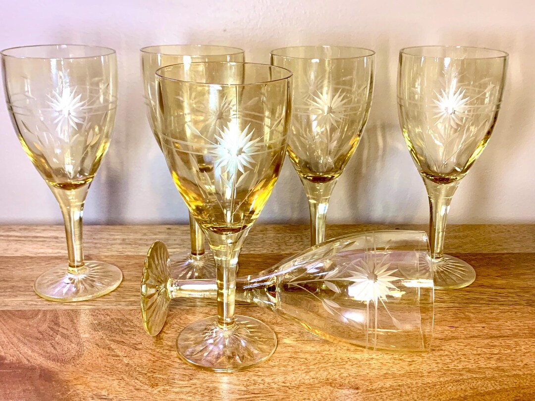 Set of 6-iridescent Yellow Topaz Optic Panel Etched Pressed Glass Wine ...