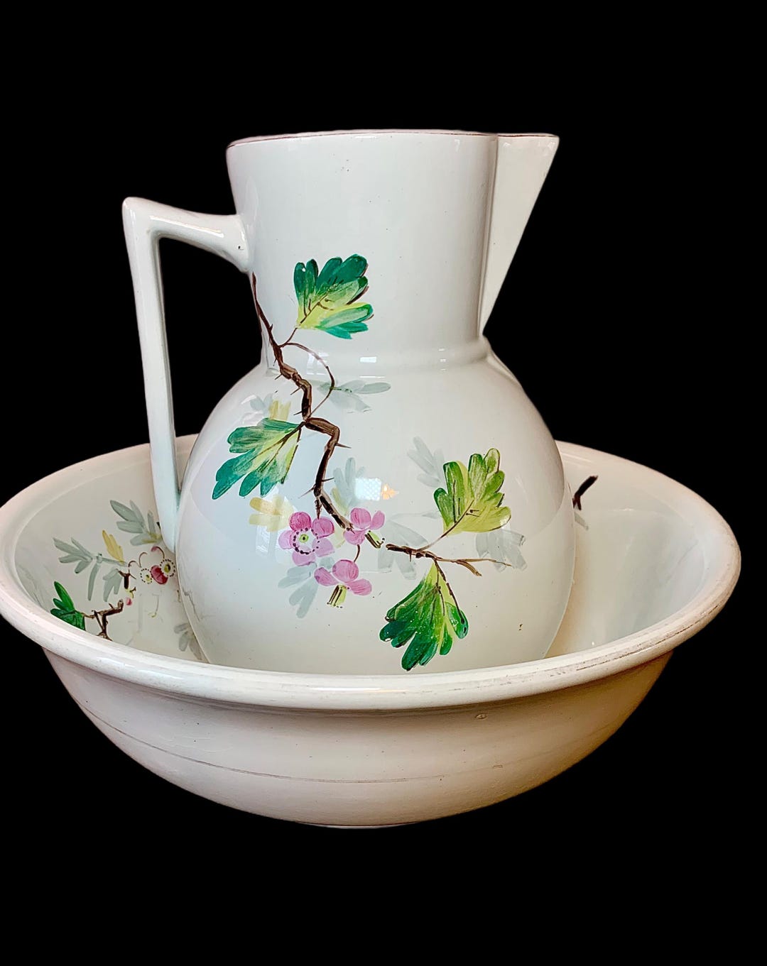 Large RARE Vintage Porcelain Bath Pitcher and Basin With Hand Painted ...