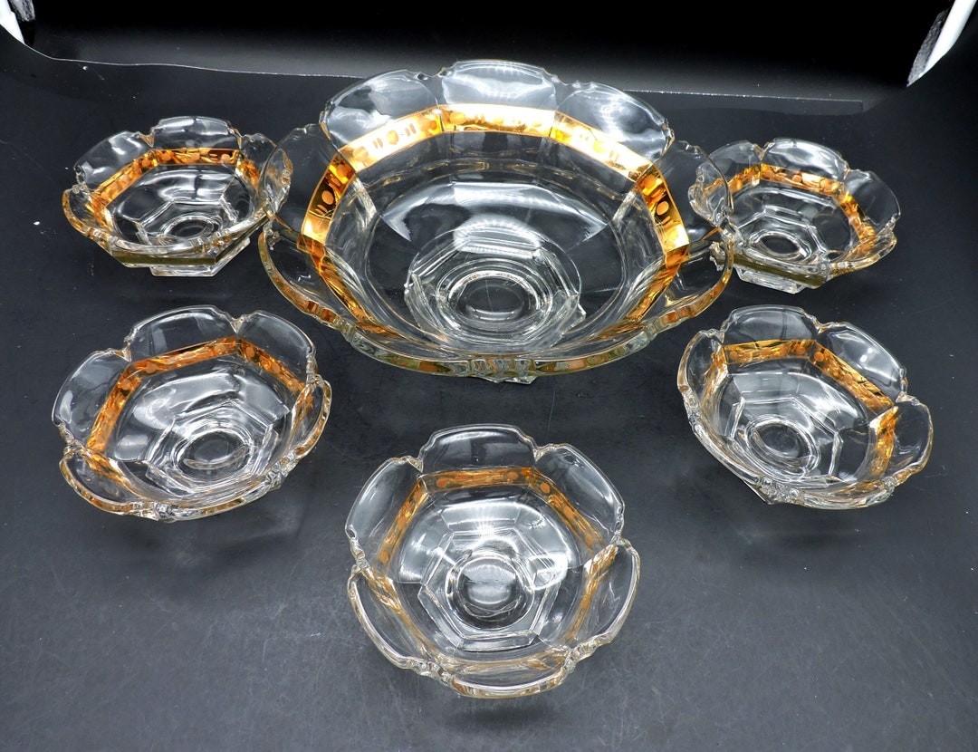 Vintage /antique 6-piece Paneled and Footed Heavy Glass Bowls With Gold ...
