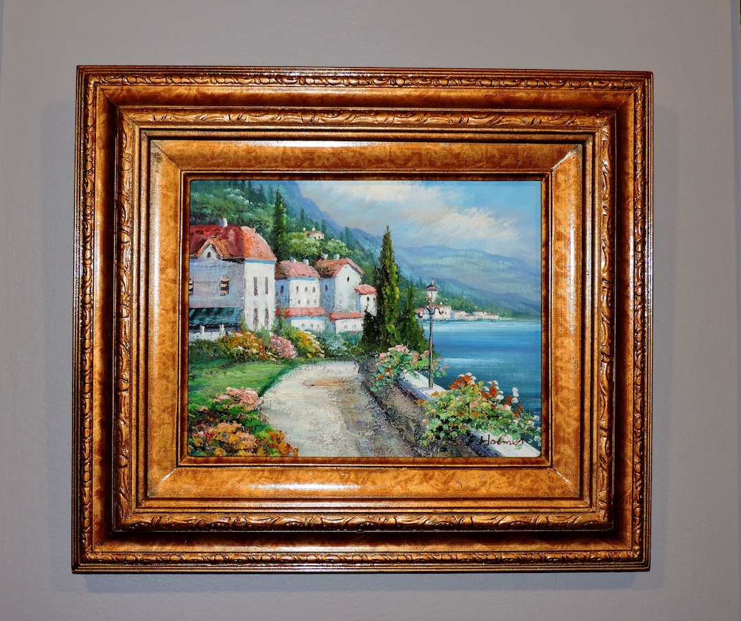 Gorgeous Original Oil Painting on Canvas Waterfront Buildings and ...
