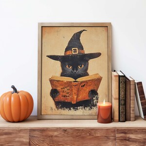 Halloween Decor - Black Witch Cat Reading Spell Book - Rustic Primitive ...