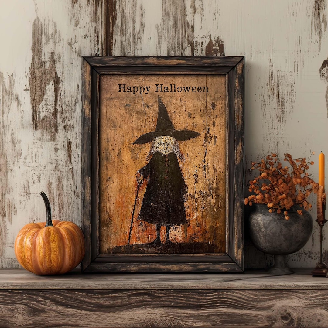 Primitive Witch Happy Halloween Decor - Rustic Wall Mantle Decoration ...