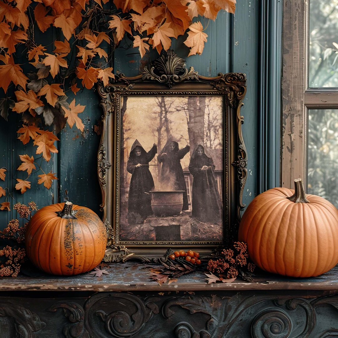 Primitive Witch Coven Halloween Decor - Distressed Antique Photo Creepy ...