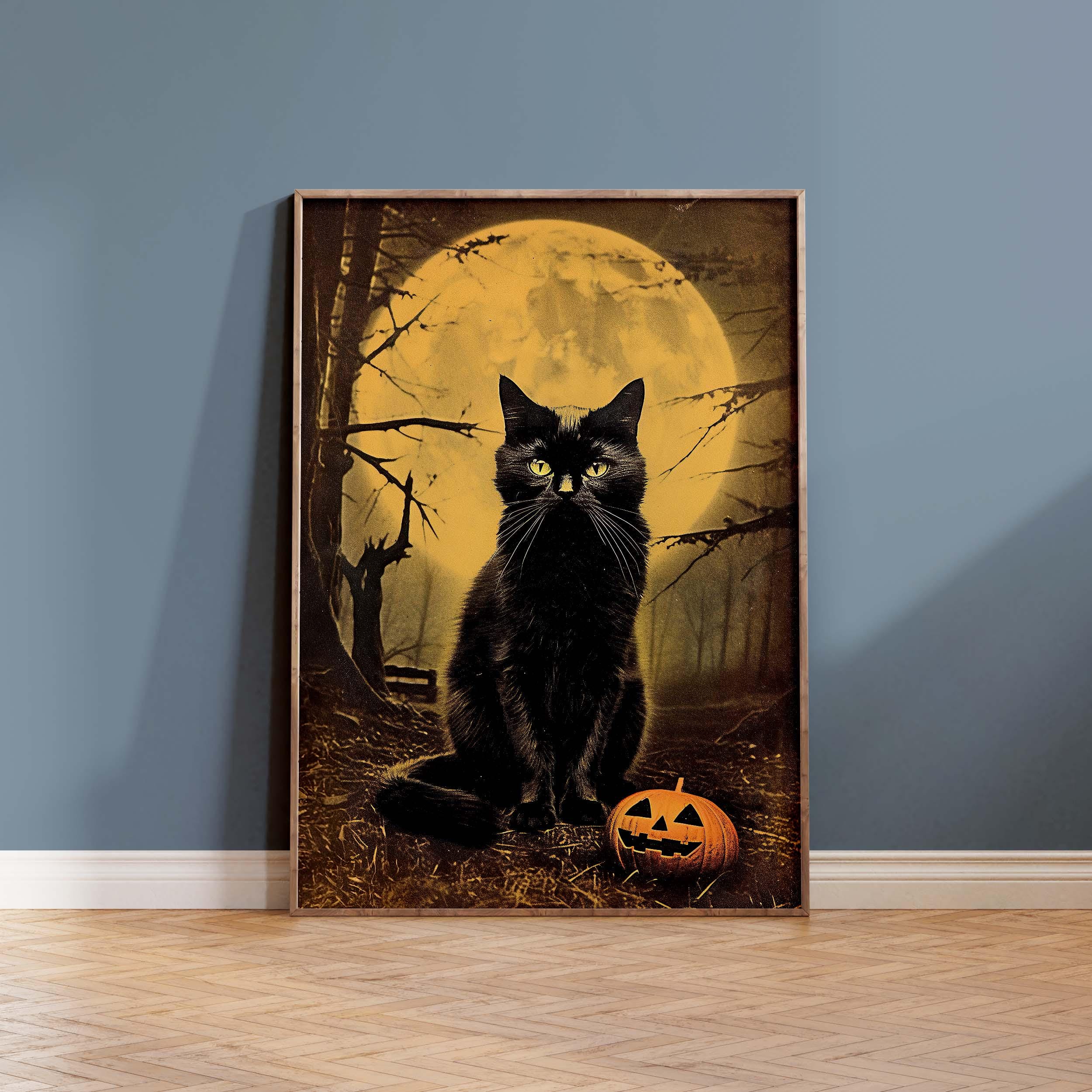 Black Cat Full Moon Halloween Decor - Rustic Eerie Spooky Mantle Wall ...