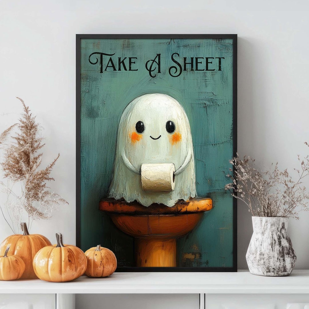 Cute Whimsical Ghost Bathroom Art Print - Primitive Halloween Wall ...