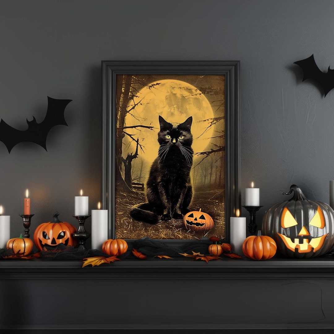 Black Cat Full Moon Halloween Decor - Rustic Eerie Spooky Mantle Wall ...