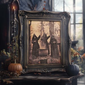 Primitive Witch Coven Halloween Decor - Distressed Antique Photo Creepy ...