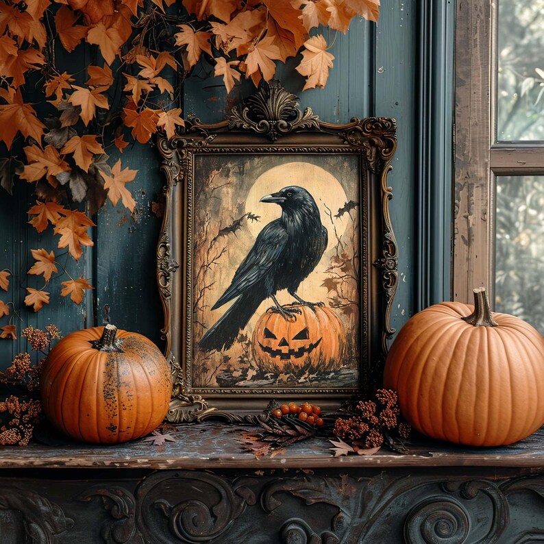 Raven Halloween Decor - Full Moon Pumpkin Rustic Eerie Spooky Mantle ...