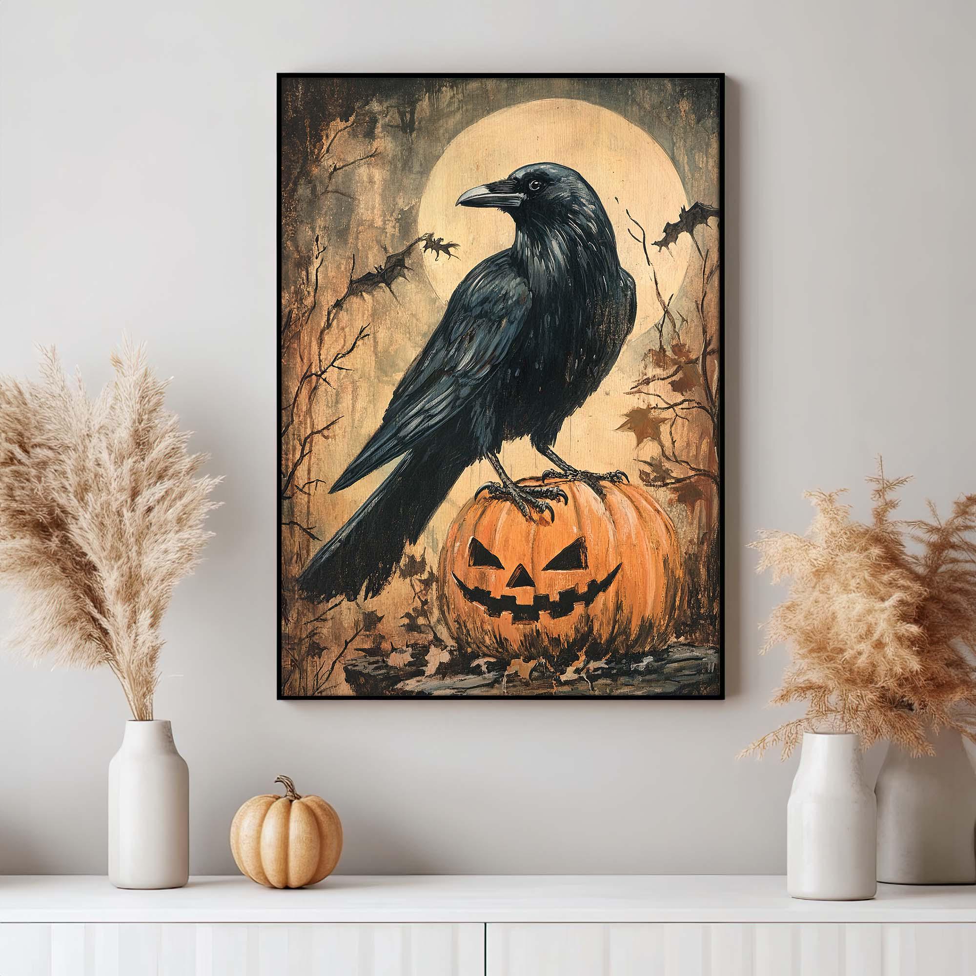Raven Halloween Decor - Full Moon Pumpkin Rustic Eerie Spooky Mantle ...
