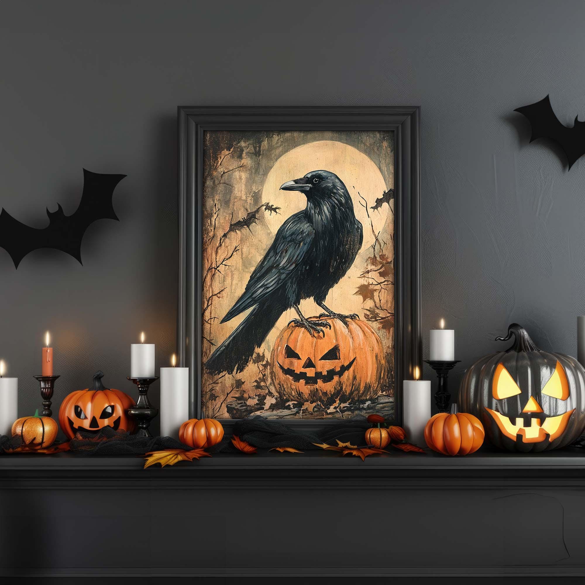 Raven Halloween Decor - Full Moon Pumpkin Rustic Eerie Spooky Mantle ...