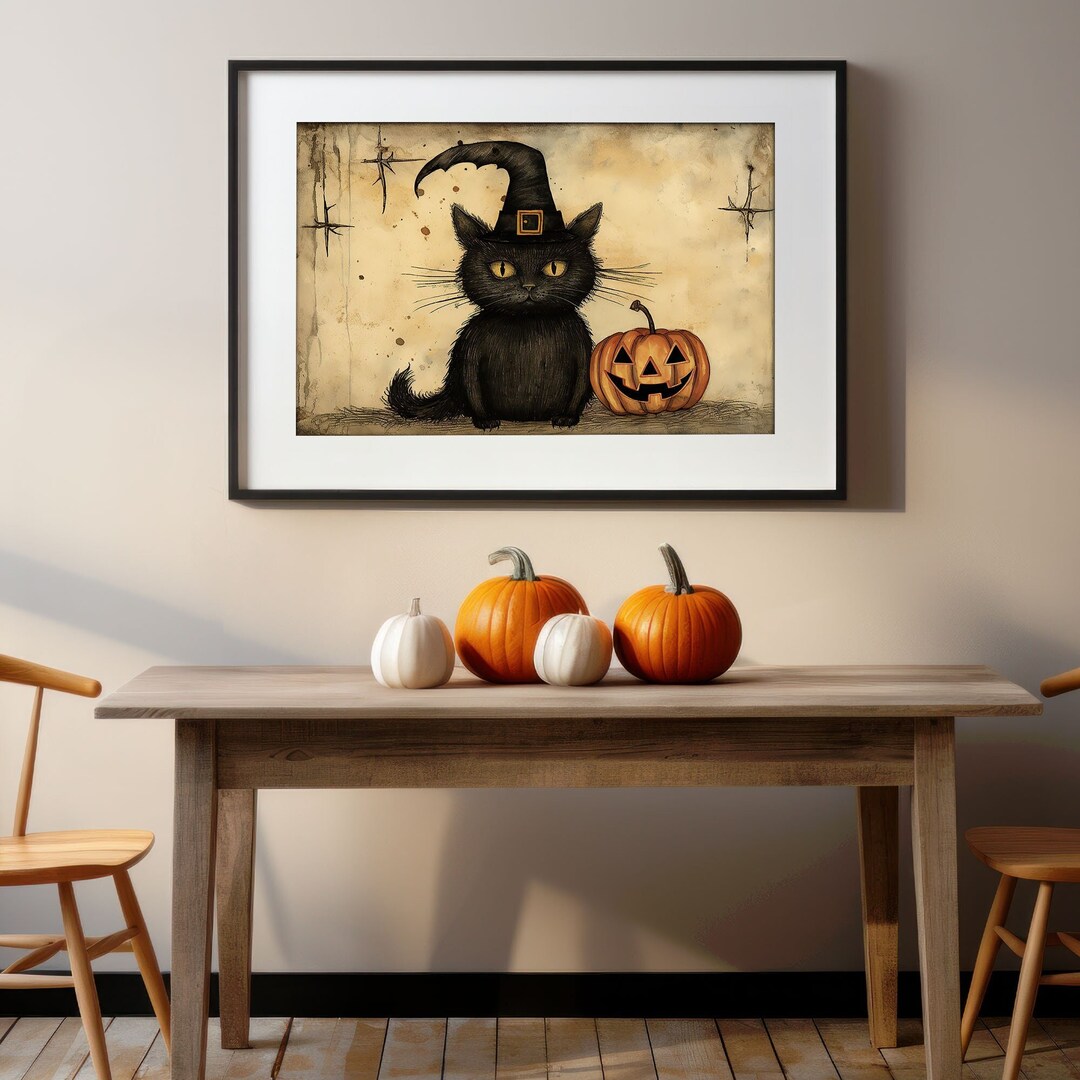 Halloween Printable Art - Digital Download Print Cute Black Witch Cat ...