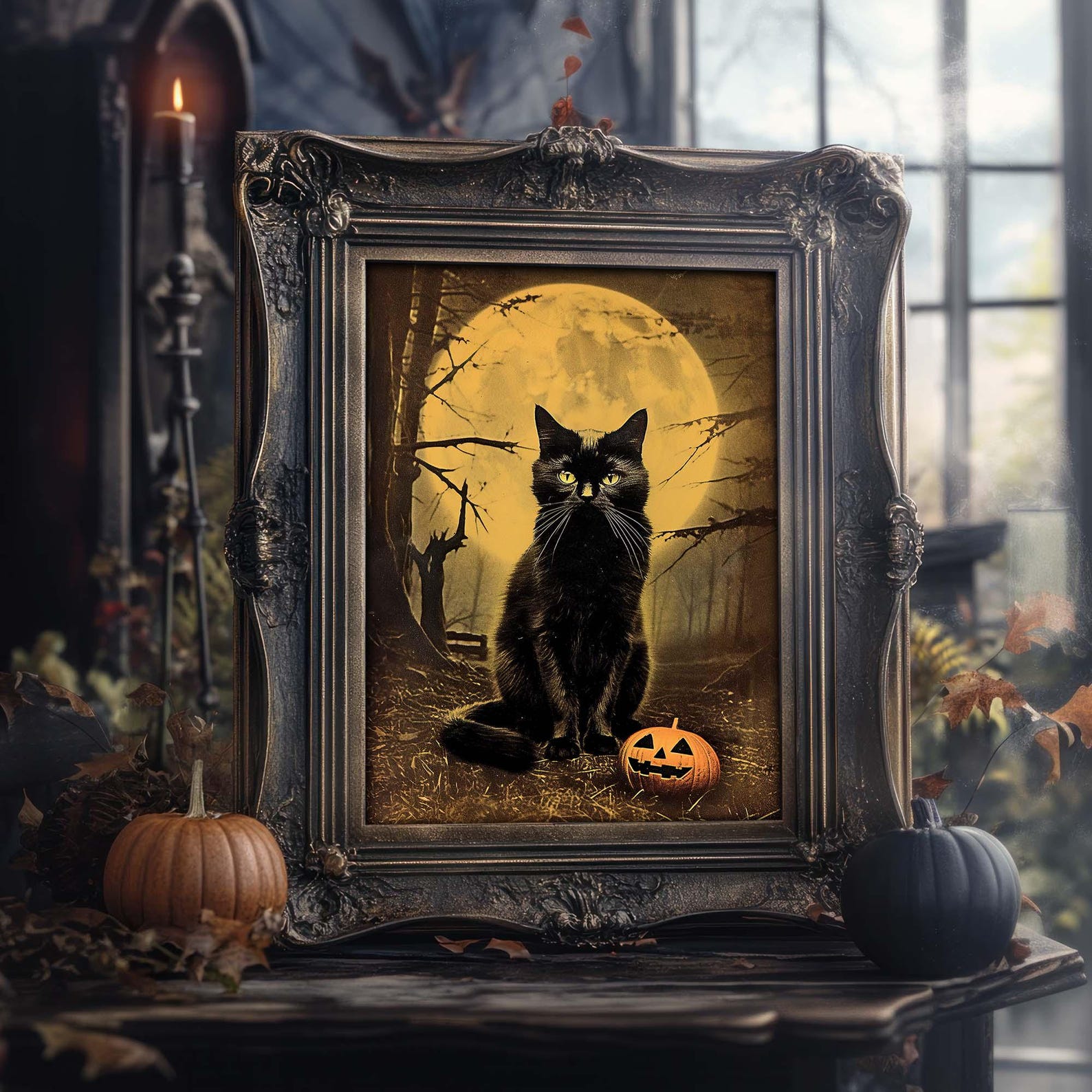 Black Cat Full Moon Halloween Decor - Rustic Eerie Spooky Mantle Wall ...