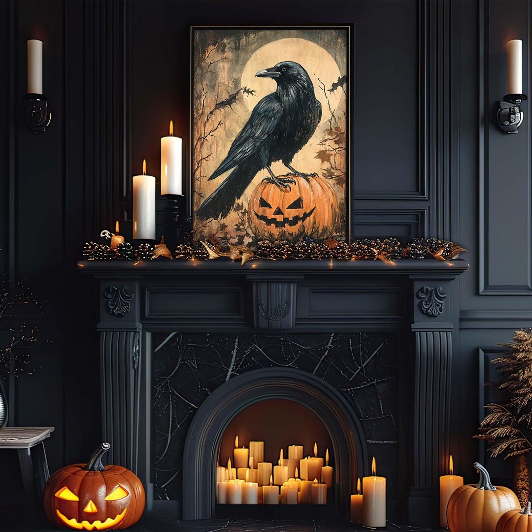 Raven Halloween Decor - Full Moon Pumpkin Rustic Eerie Spooky Mantle ...