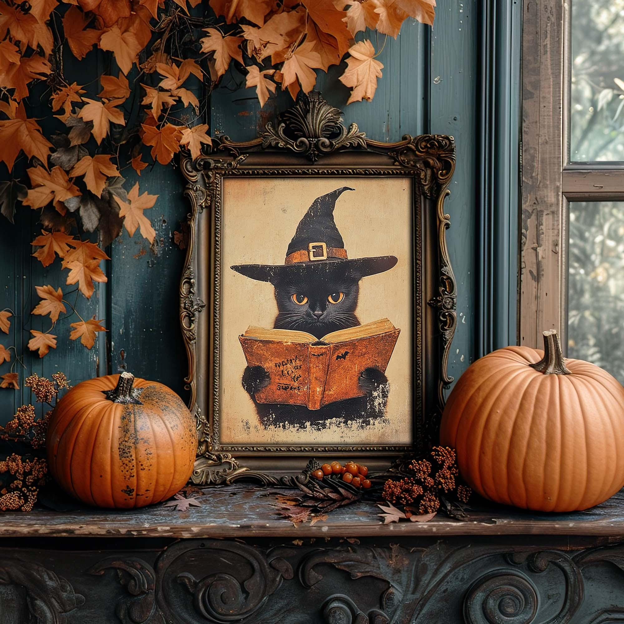 Halloween Decor - Black Witch Cat Reading Spell Book - Rustic Primitive ...