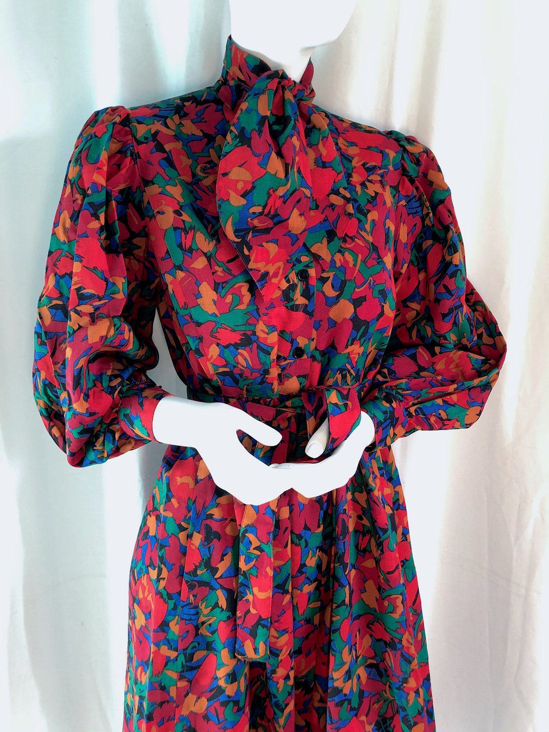 GUY LAROCHE Dress, 70s Boho Chic Midi, 80s Jabot Collar Shirtdress ...