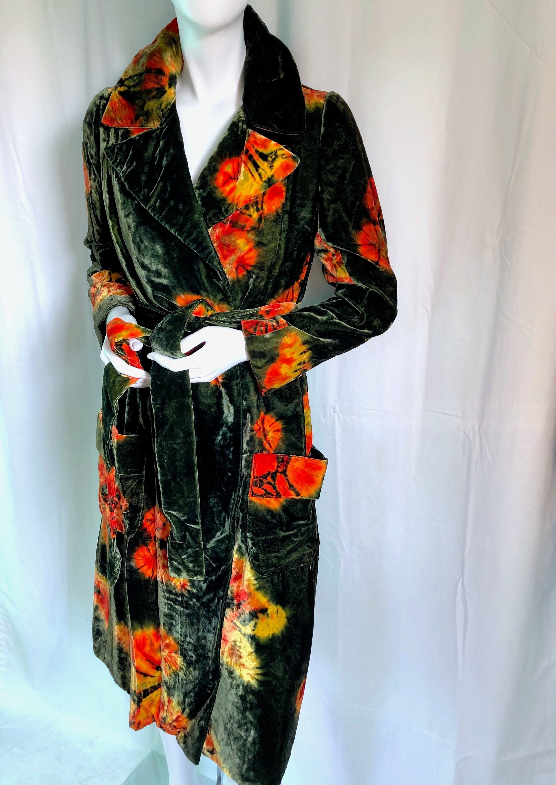1970s HALSTON Haute Couture, Velvet TRENCH Coat, 70s BOHO Chic Tie Dye ...