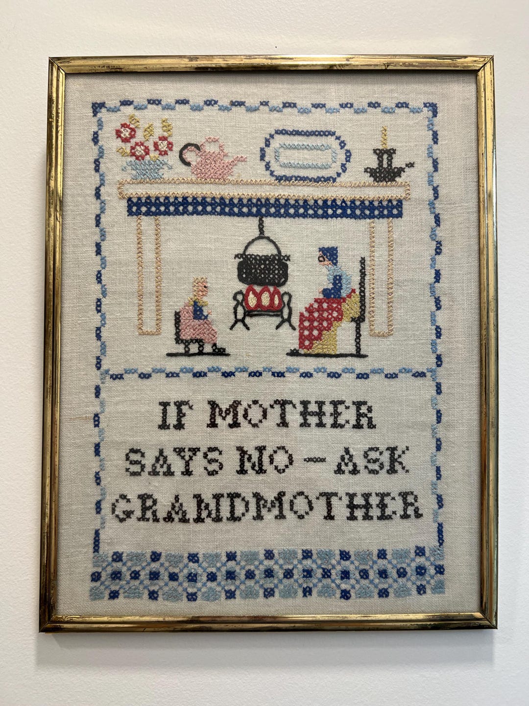 Vintage MCM Grandmother Cross Stitch / Sampler / Artwork in Beautiful ...
