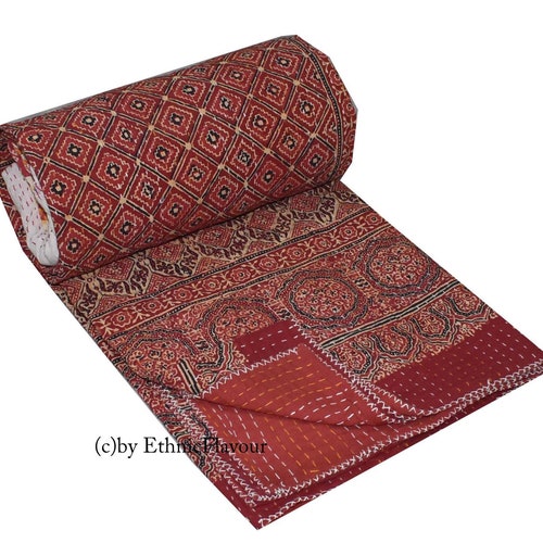 Hand Block Ajrak Kantha Quilt Cotton Vintage Indian Handmade - Etsy