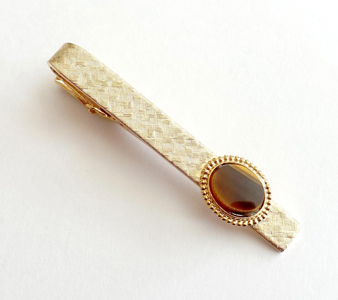 Tiger's Eye Tie Clip, Vintage Tie Bar, Natural Stone, Gold Tone ...