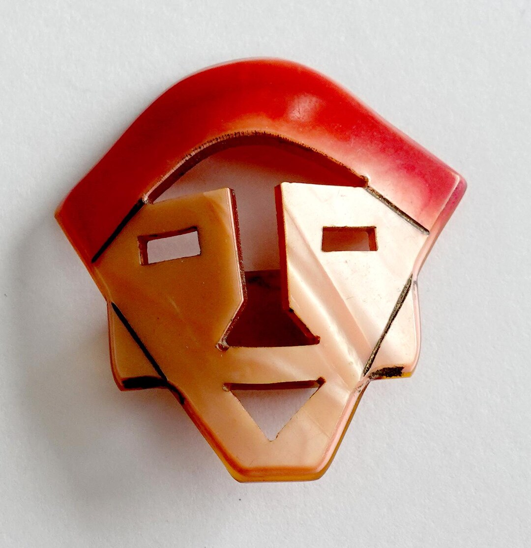 Vintage Bolo, Scarf Ring, Celluloid, Mask, Face, Orange Tone, Red Tone ...