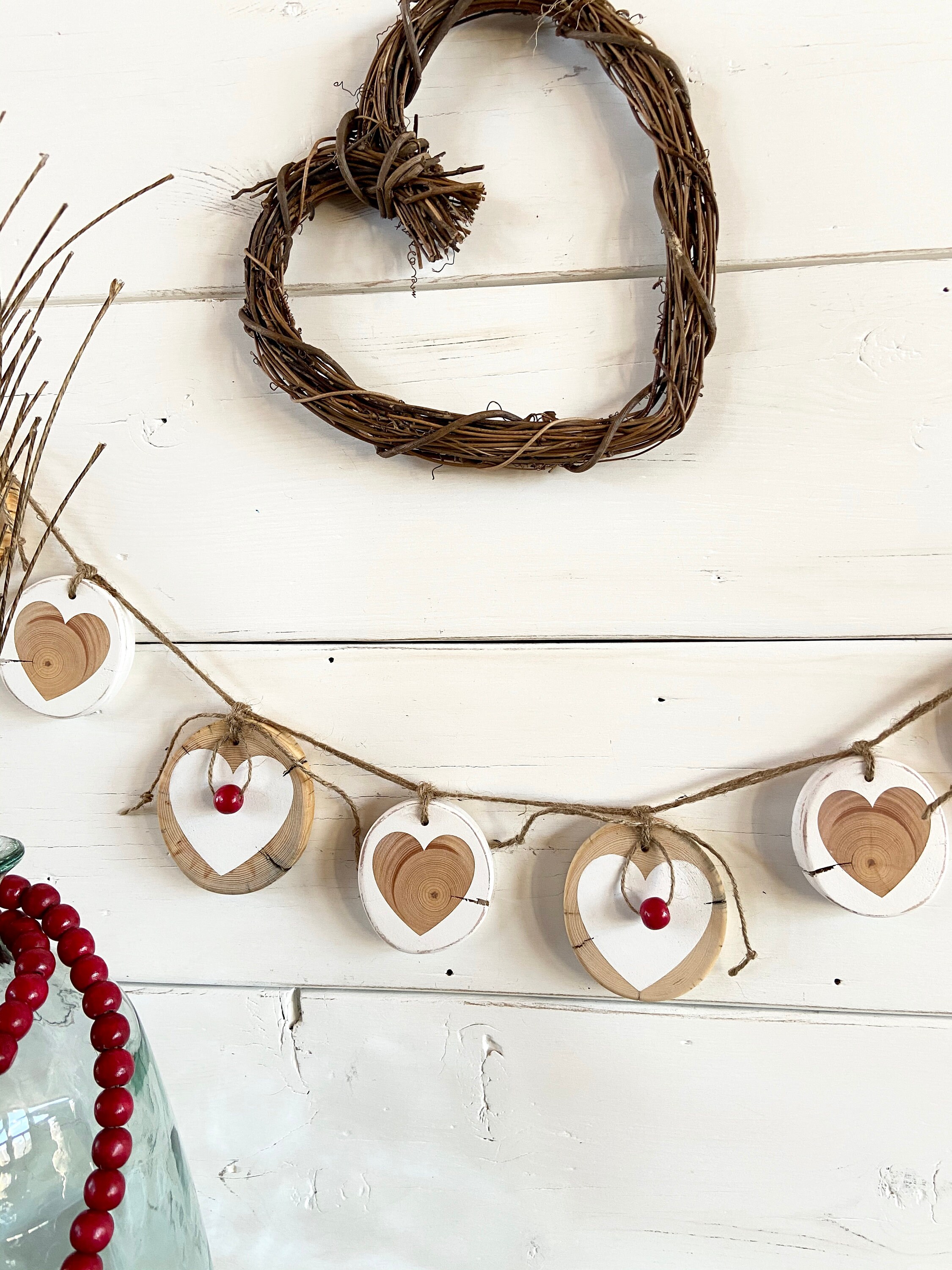 Rustic Wood Garland With Hearts and Beads Wood Heart - Etsy