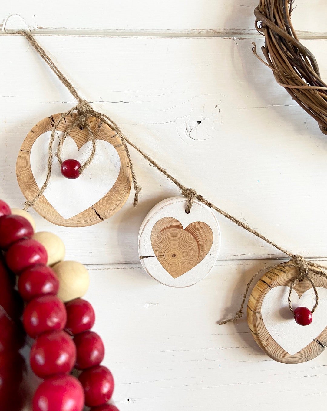 Rustic Wood Garland With Hearts and Beads, Wood Heart Valentine Garland ...