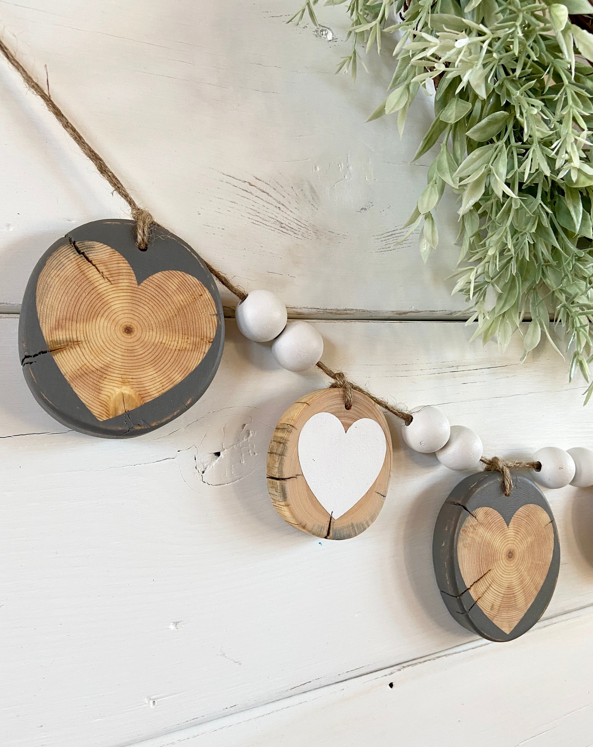 Rustic Valentine Garland With Hearts and Beads, Gray and White Wood ...