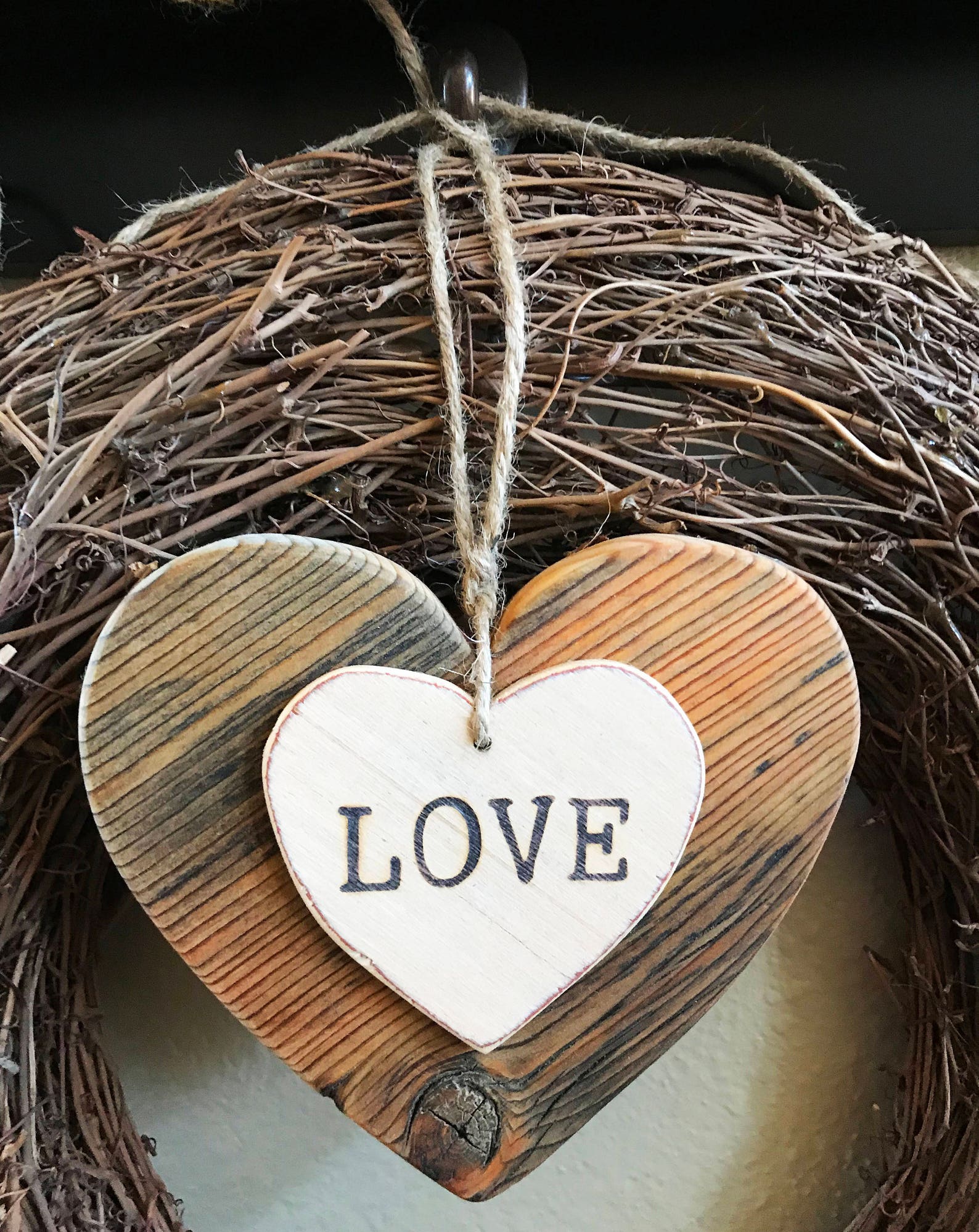Wood Heart Ornament Imprinted With LOVE Rustic Double Heart - Etsy