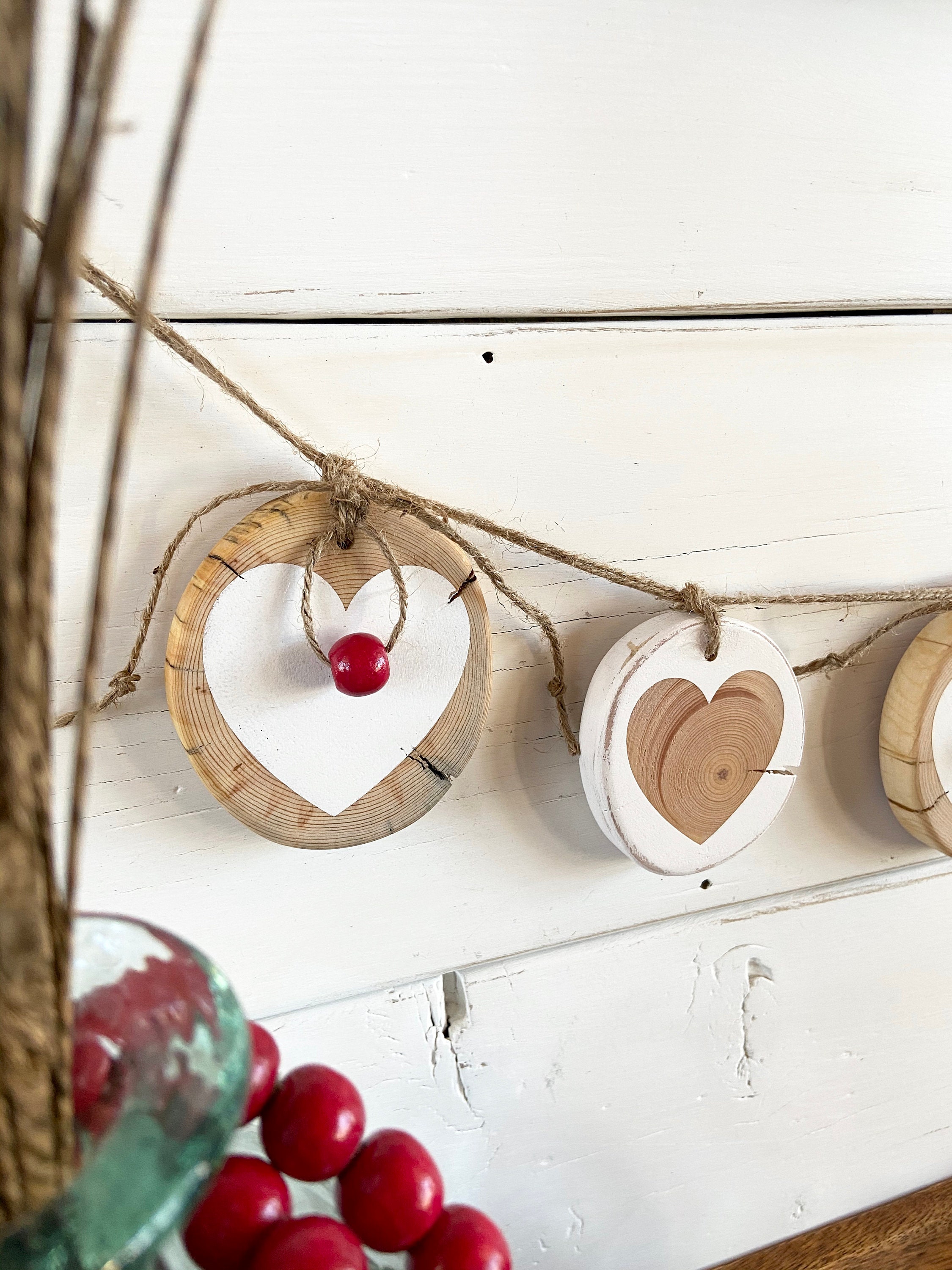 Rustic Wood Garland With Hearts and Beads Wood Heart - Etsy