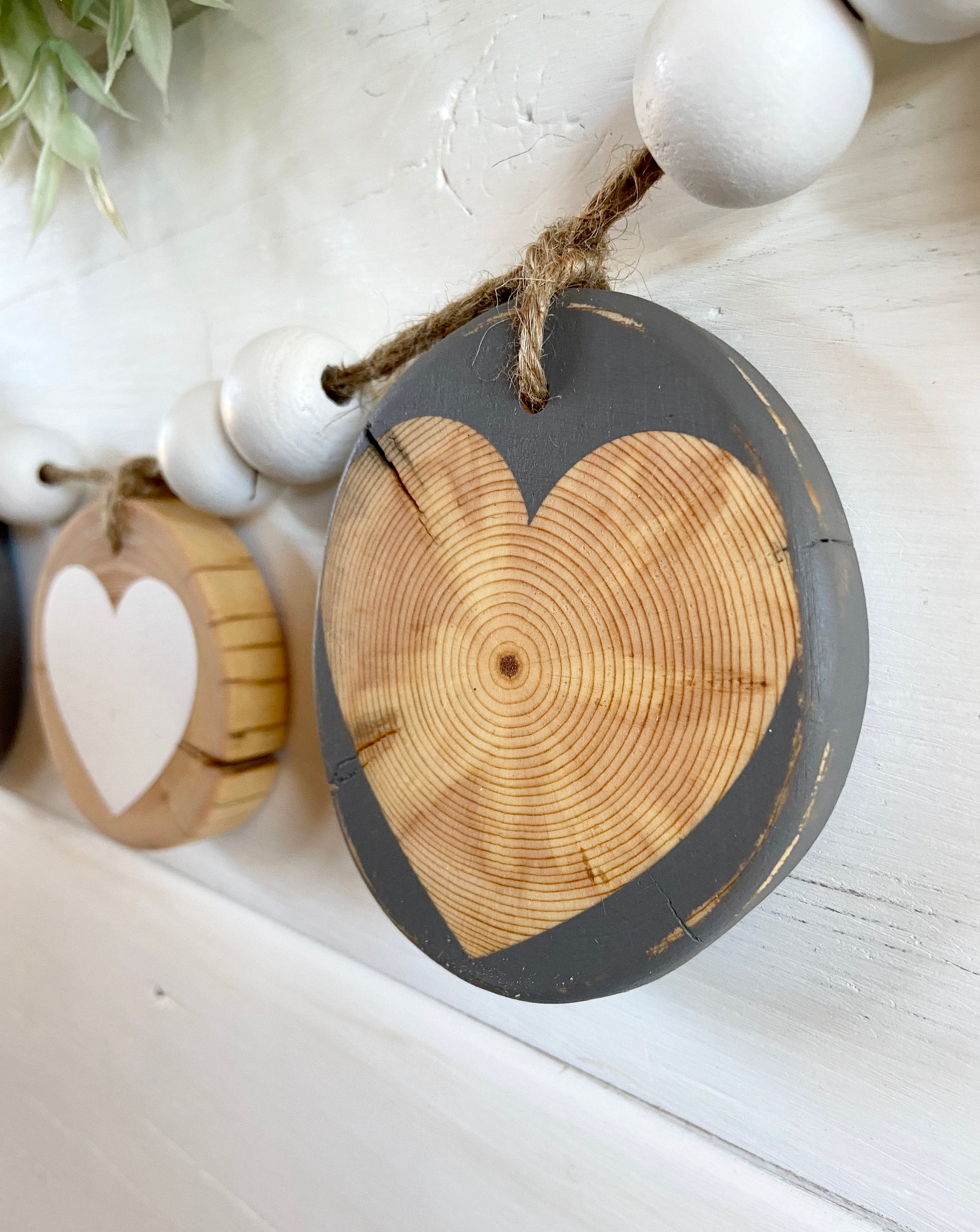 Rustic Valentine Garland With Hearts and Beads, Gray and White Wood ...