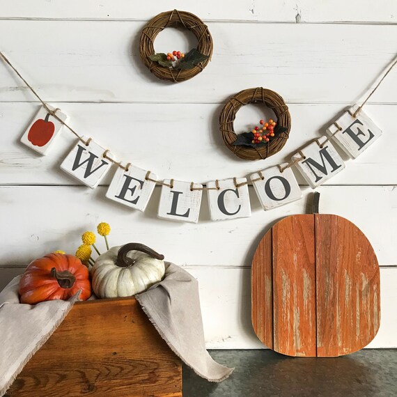 WELCOME Wood Block Garland With Pumpkin Rustic WELCOME | Etsy