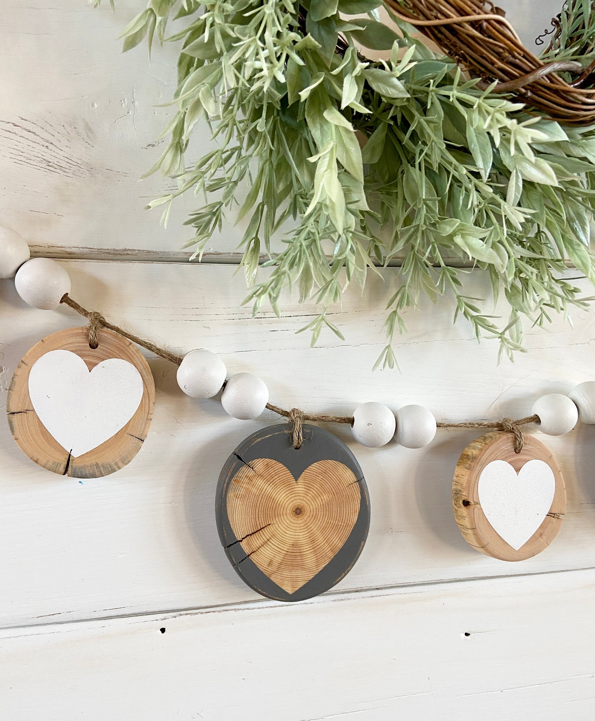 Rustic Valentine Garland With Hearts and Beads, Gray and White Wood ...