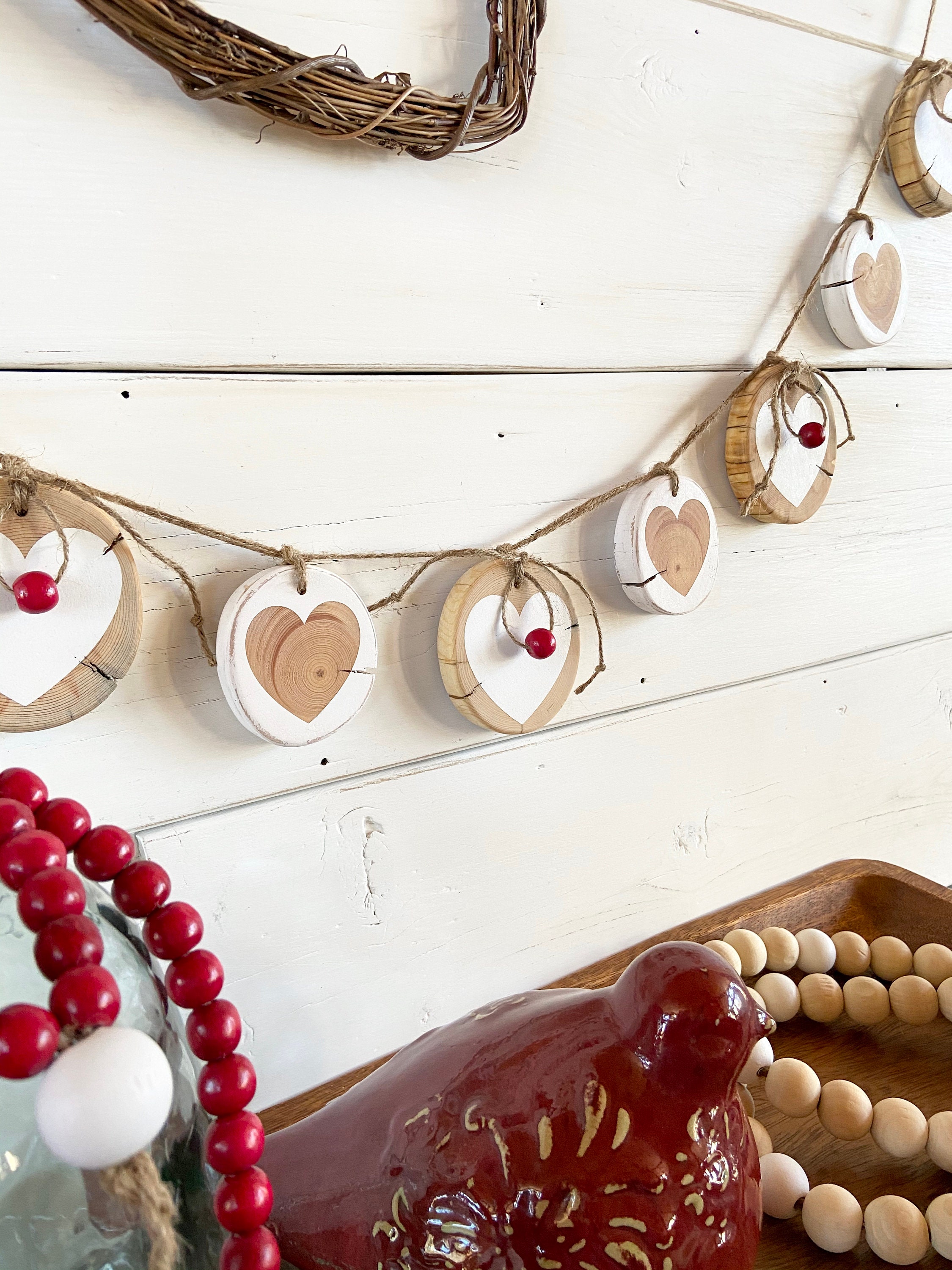 Rustic Wood Garland With Hearts and Beads Wood Heart - Etsy