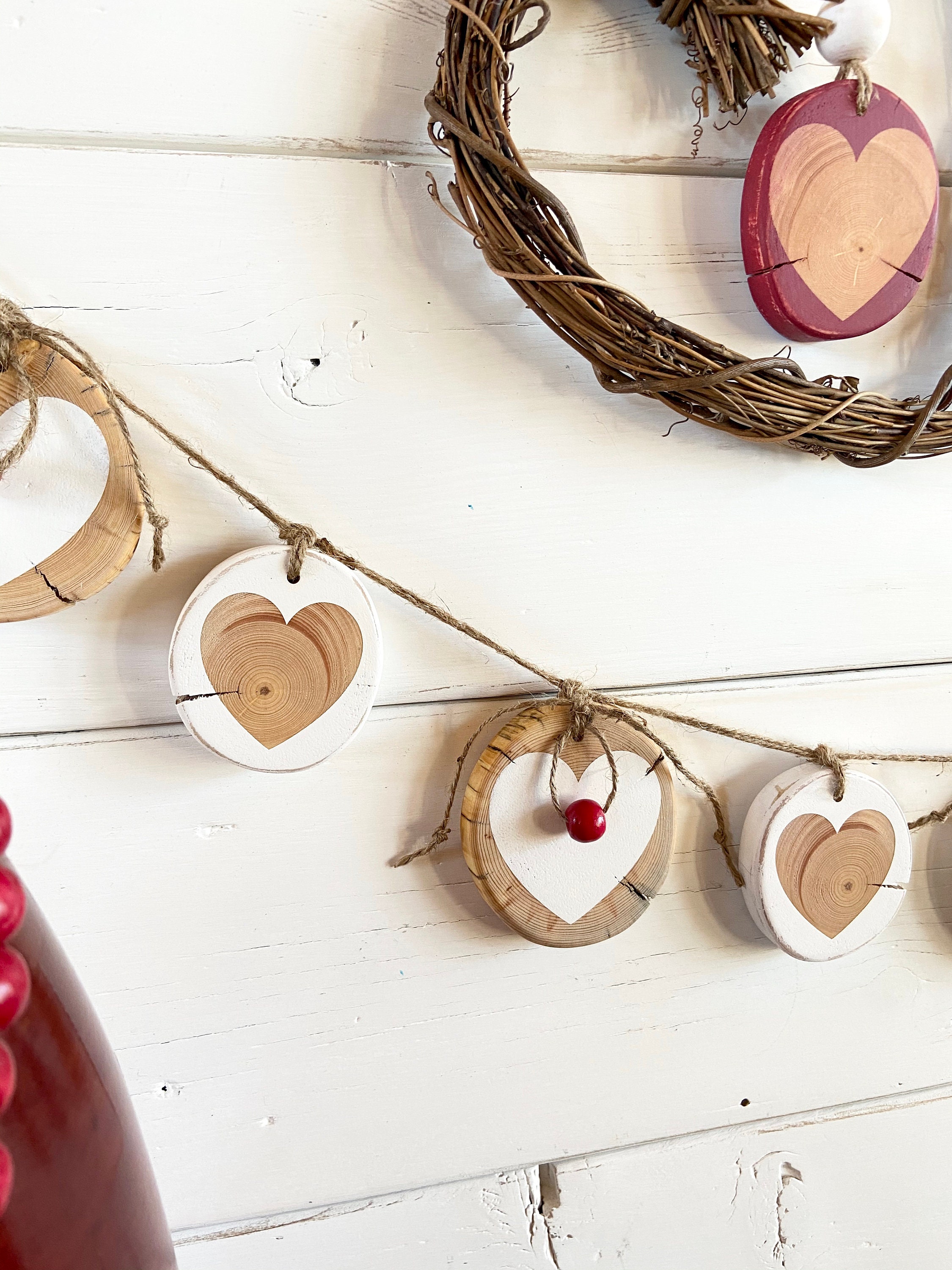 Rustic Wood Garland With Hearts and Beads Wood Heart - Etsy