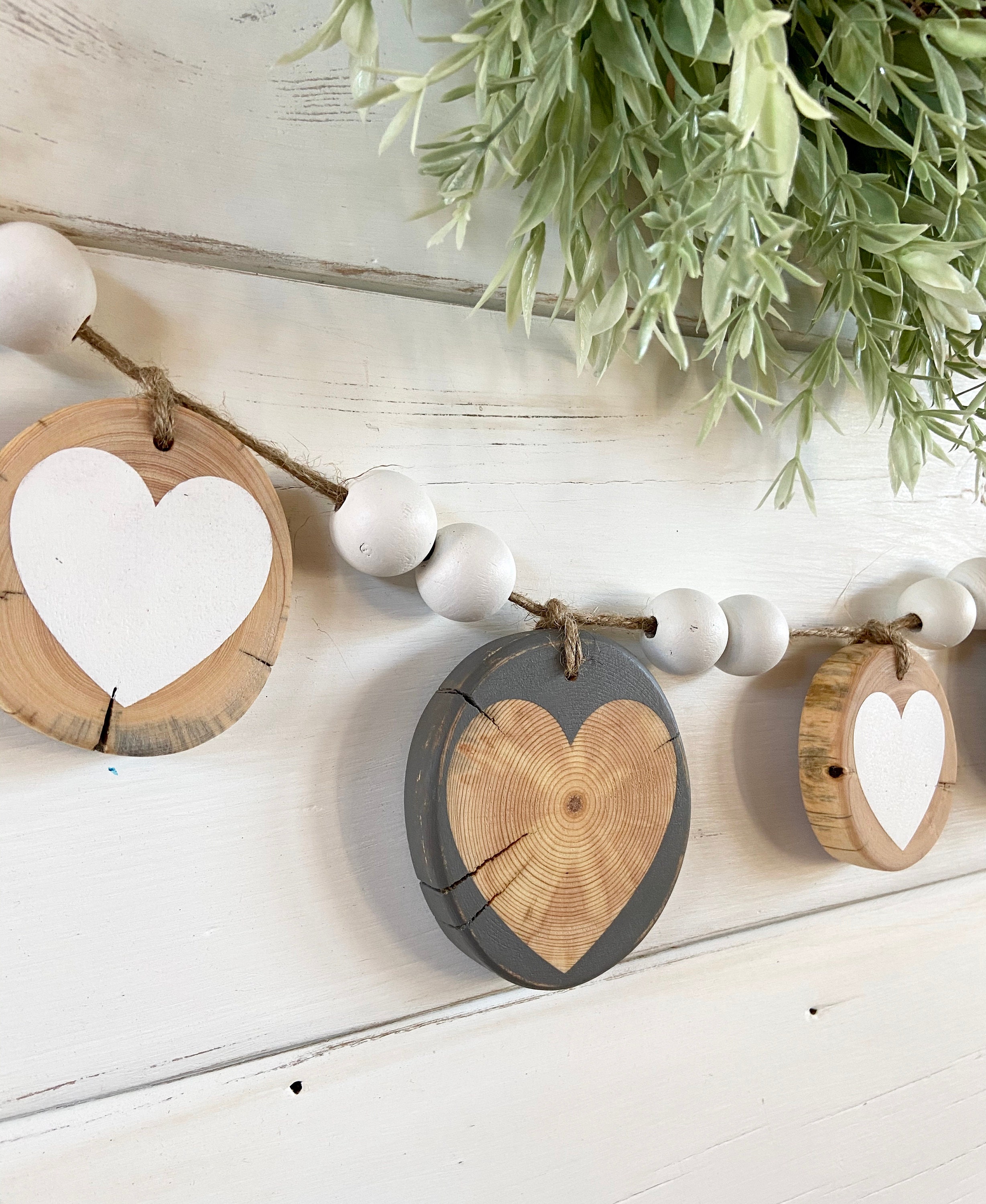 Rustic Valentine Garland With Hearts and Beads, Gray and White Wood ...