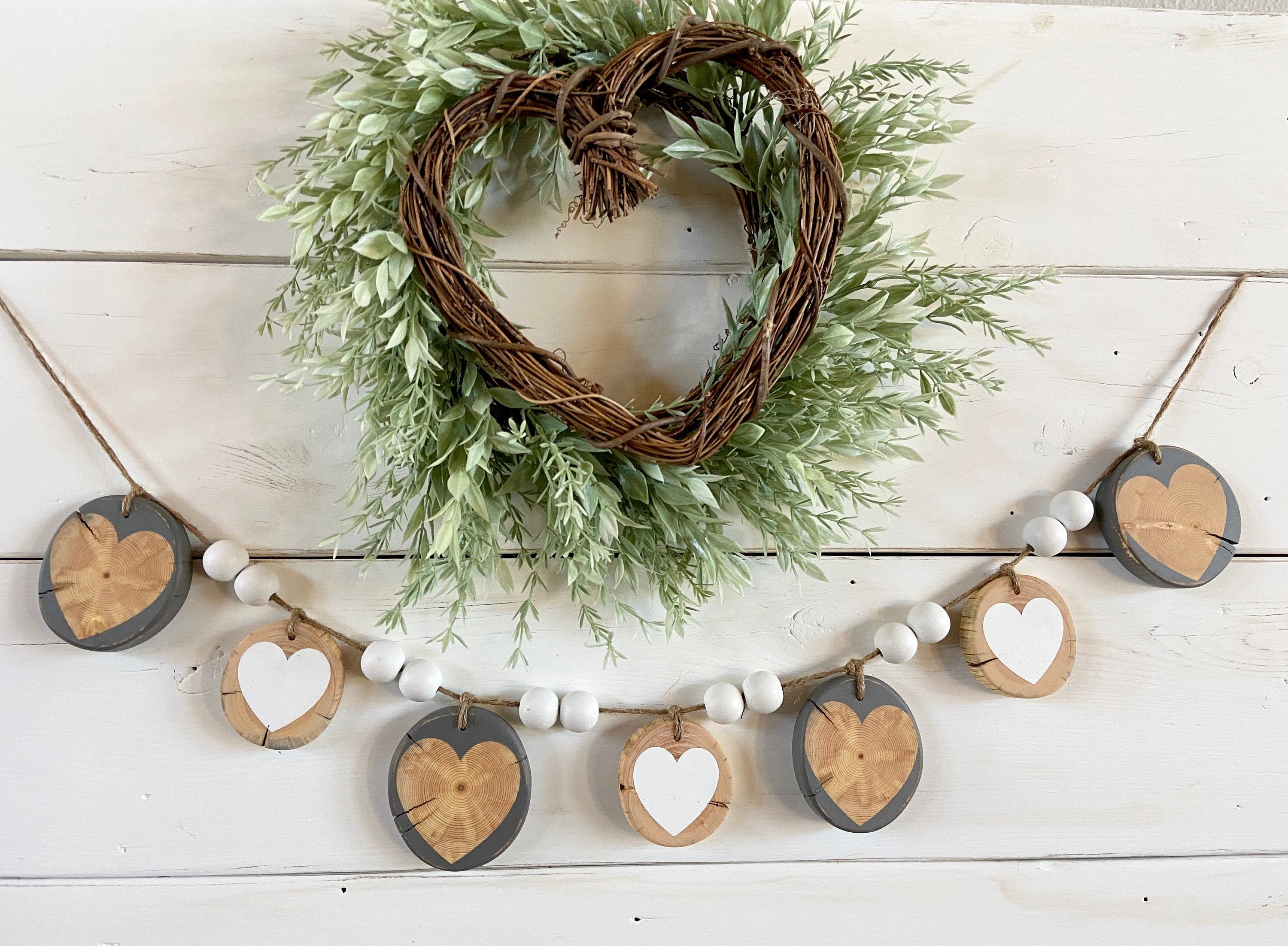 Rustic Valentine Garland With Hearts and Beads, Gray and White Wood ...