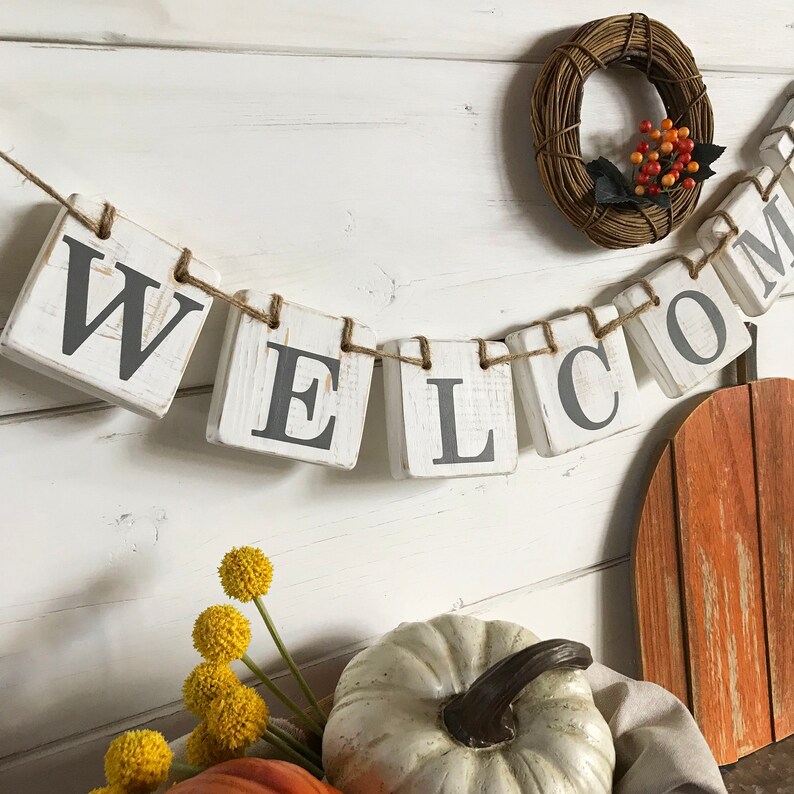 WELCOME Wood Block Garland With Pumpkin Rustic WELCOME | Etsy