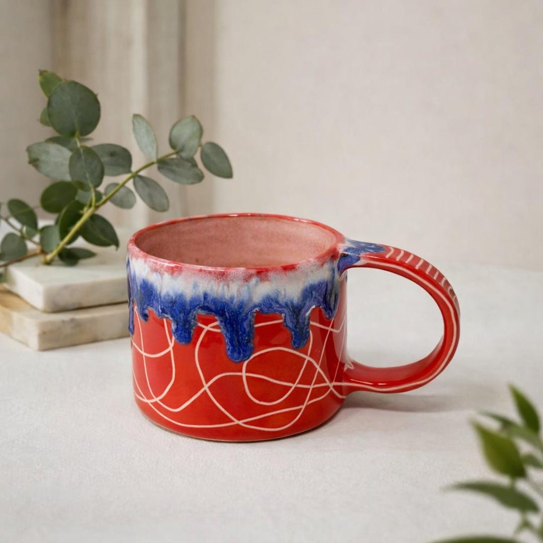 Red Ceramic Mug With Blue Crystal Glaze | Handmade Pottery Cup - Etsy