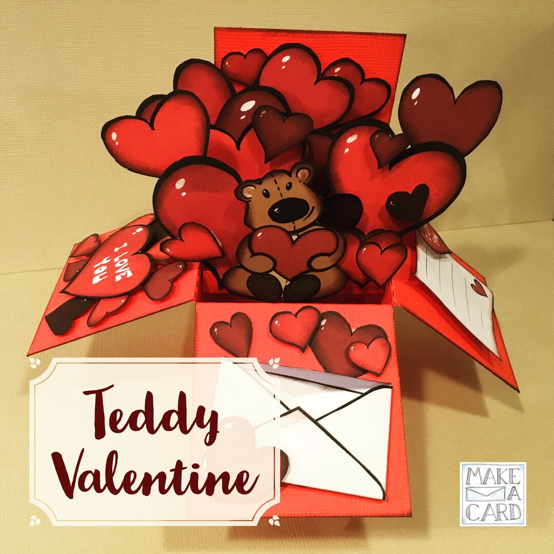 Teddy Valentine Card Explosion Box Instant Download Make a Card 3D Card ...