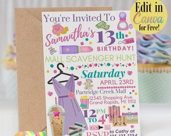 Mall Scavenger Hunt Invitation Template, Mall Party Invitation, Teen Birthday Scavenger Hunt ...