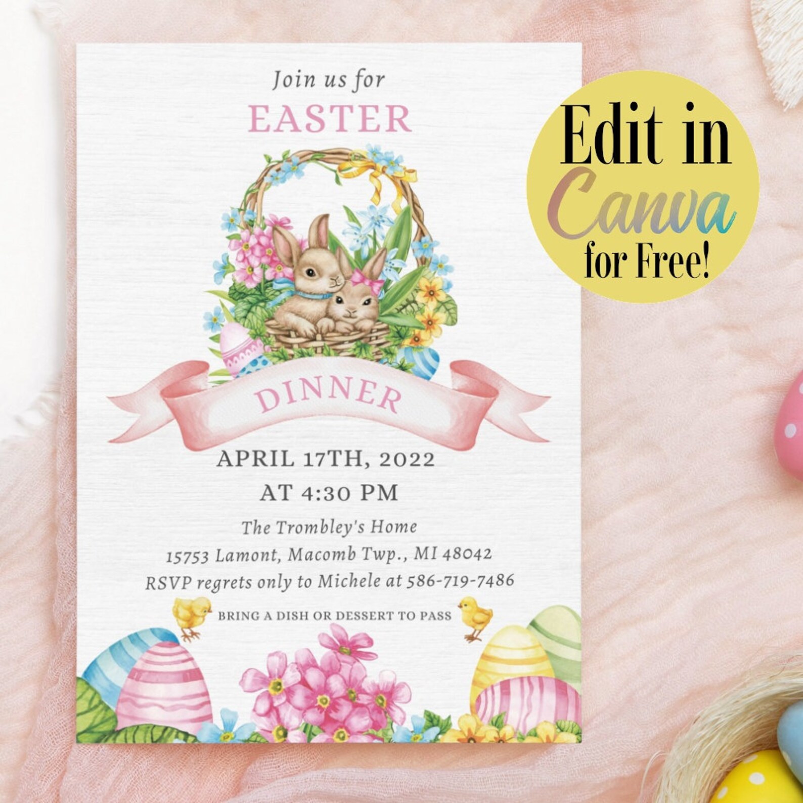 Editable Easter Invitation in Canva, Easter Invitation, Easter Brunch ...