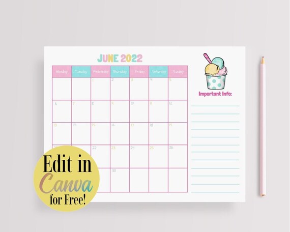 Printable and Editable Summer Calendar for Kids and Family, Summer ...
