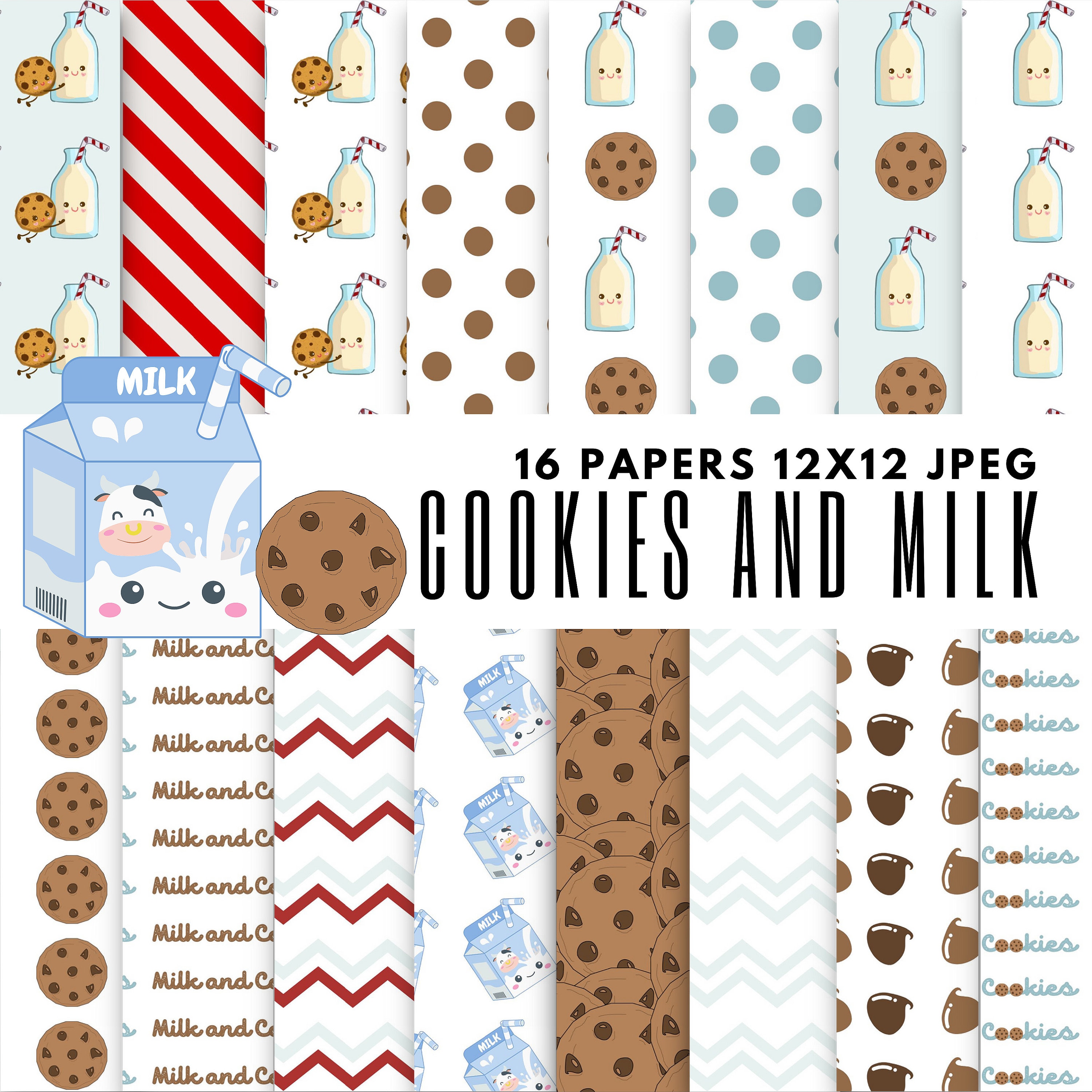 Milk and Cookies Digital Paper Pack, Chocolate Chip Cookie Paper ...