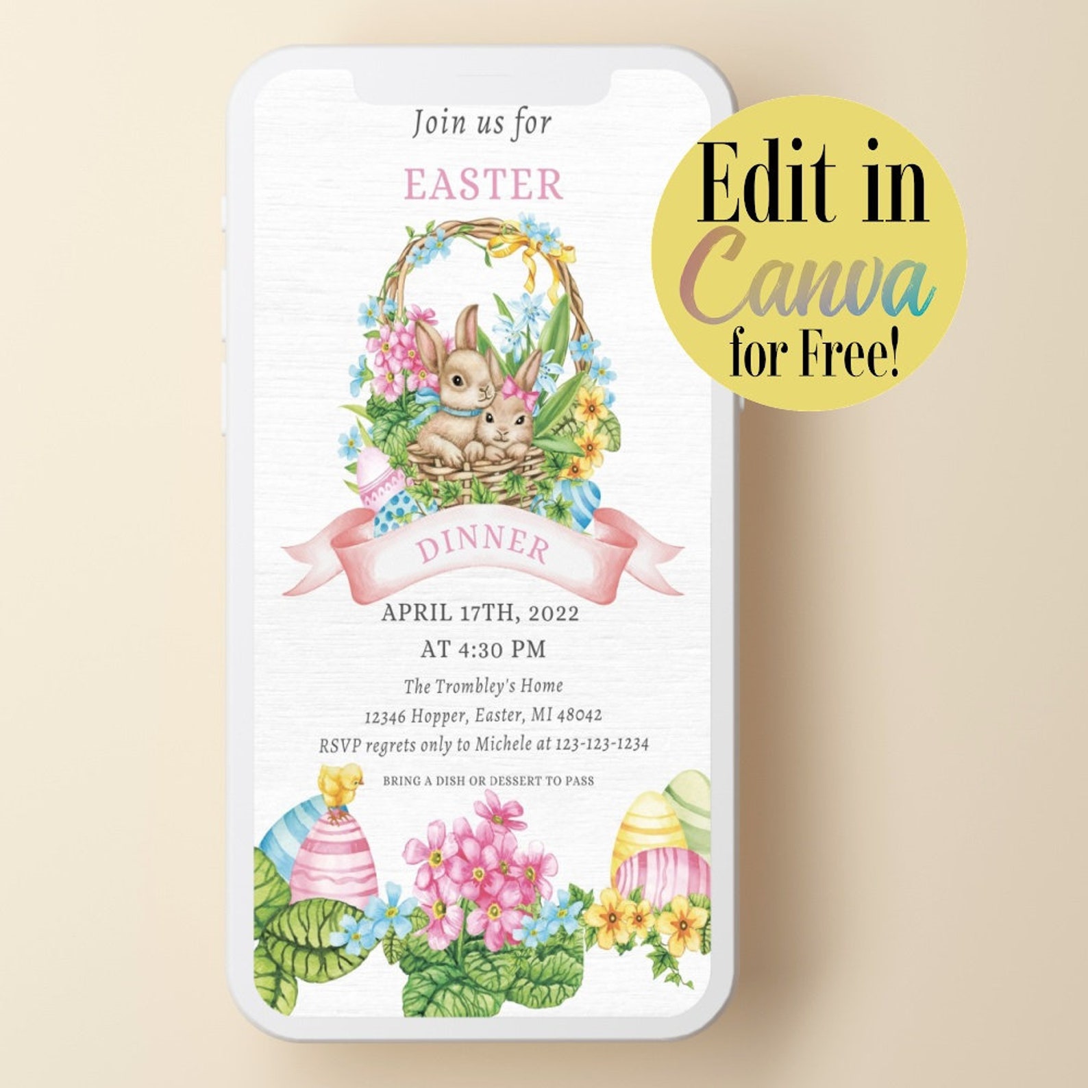 Editable Easter Invitation in Canva, Easter Invitation, Easter Brunch ...