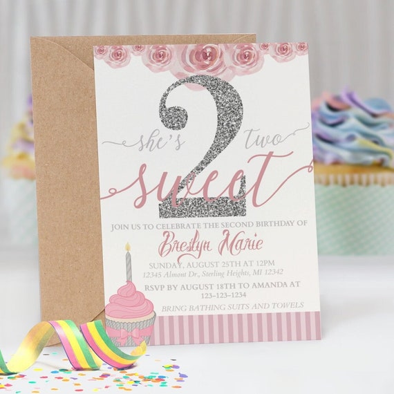 Pink and Silver Two Sweet Birthday Invitation, Sparkle Floral Birthday ...